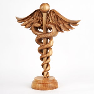 Caduceus Sculpture, 12" Medical Symbol Statue, Hand Carved Handmade ...