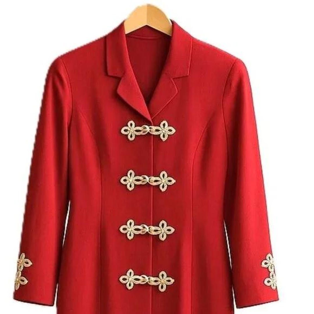 Vintage 80s Long Sleeve Midi Dress Military Style Red Gold Ebony ...