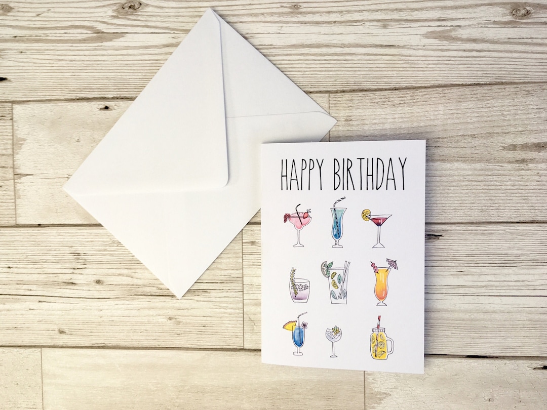 Cocktail Birthday Card. Gin Lover Greeting Card. Watercolour Blank Card ...