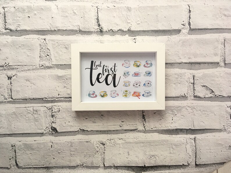 Time for tea kitchen decor illustrated framed print. But first | Etsy