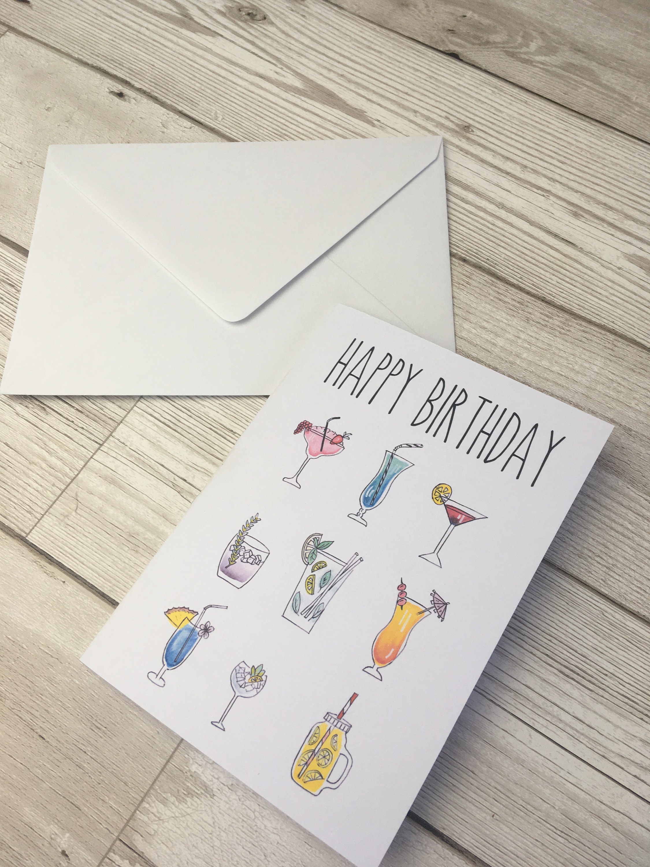 Cocktail Birthday Card. Gin Lover Greeting Card. Watercolour Blank Card ...