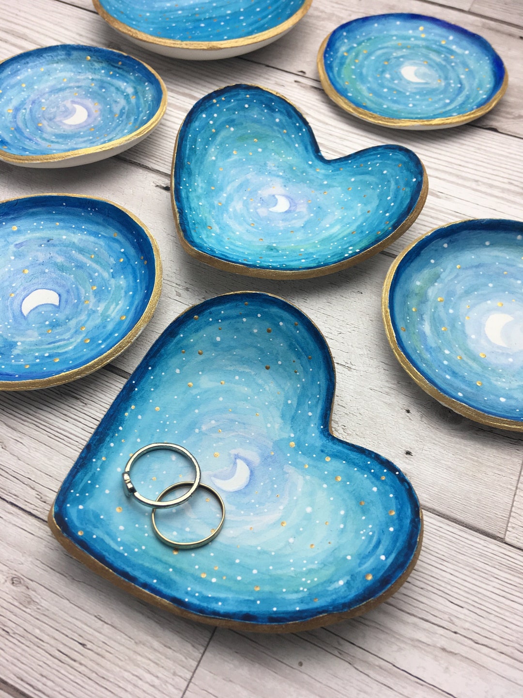 Moon Ring Dish, Moon Lit Sky Blue Trinket Dish. Starry Sky Heart Ring ...