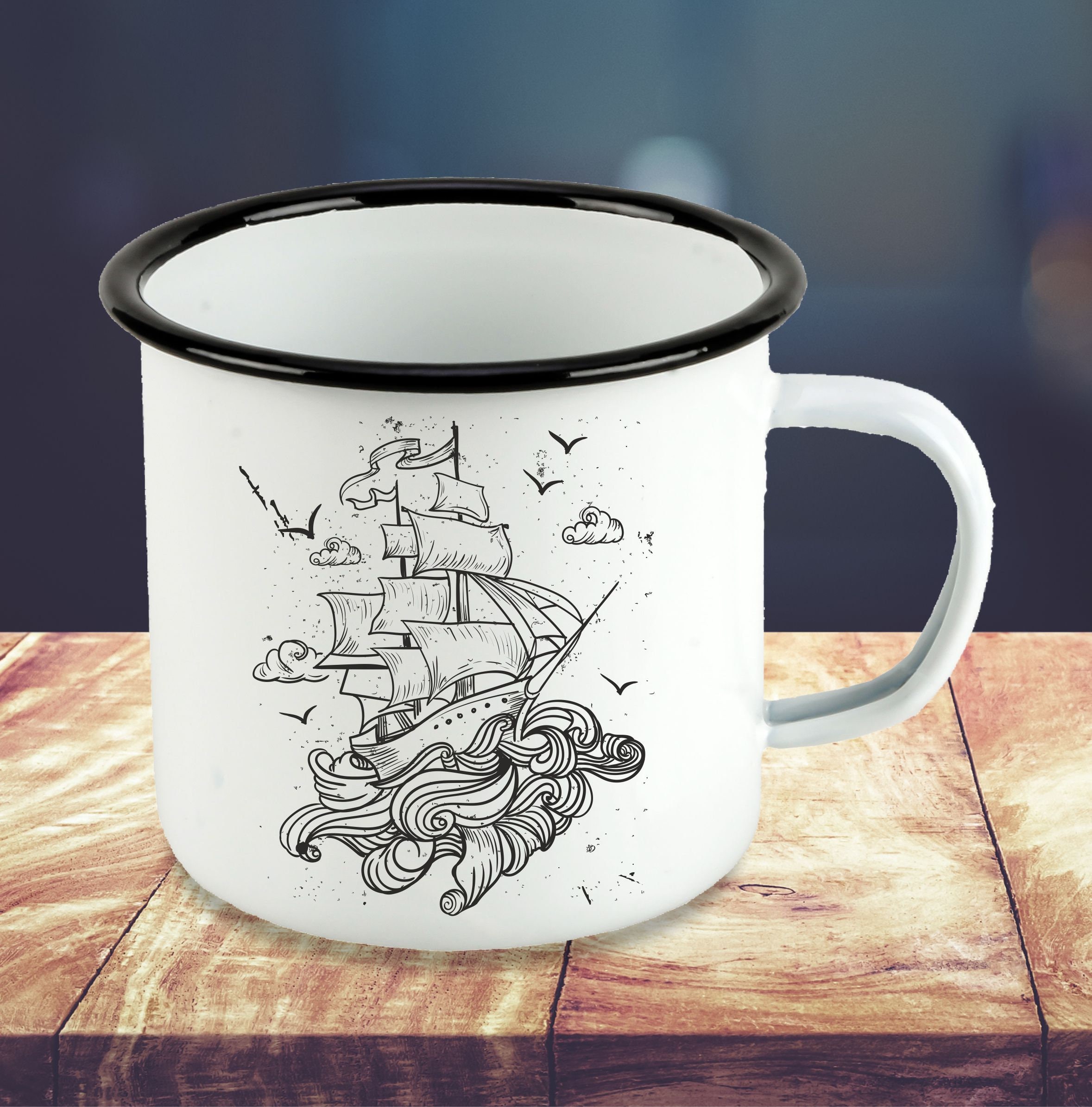 Kitchen & Dining Camping Mug Enamel Cup White Pirate Ship Anchor Pirate ...