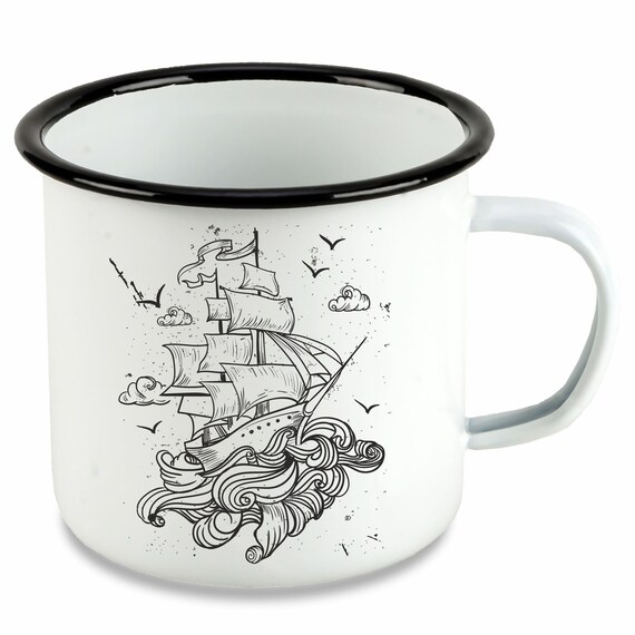 Kitchen & Dining Camping Mug Enamel Cup White Pirate Ship Anchor Pirate ...