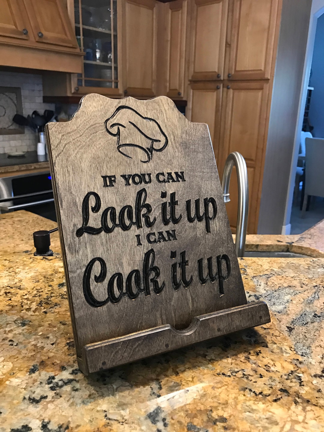 Wooden Kitchen iPad Cook Book Holder Stand With Look It up Cook It up ...