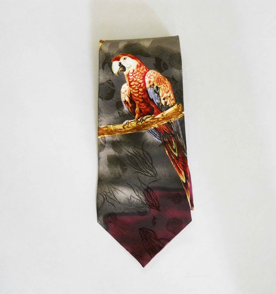 Vintage Silk Tie Scarlet Macaw Burgundy and Tan - Gem