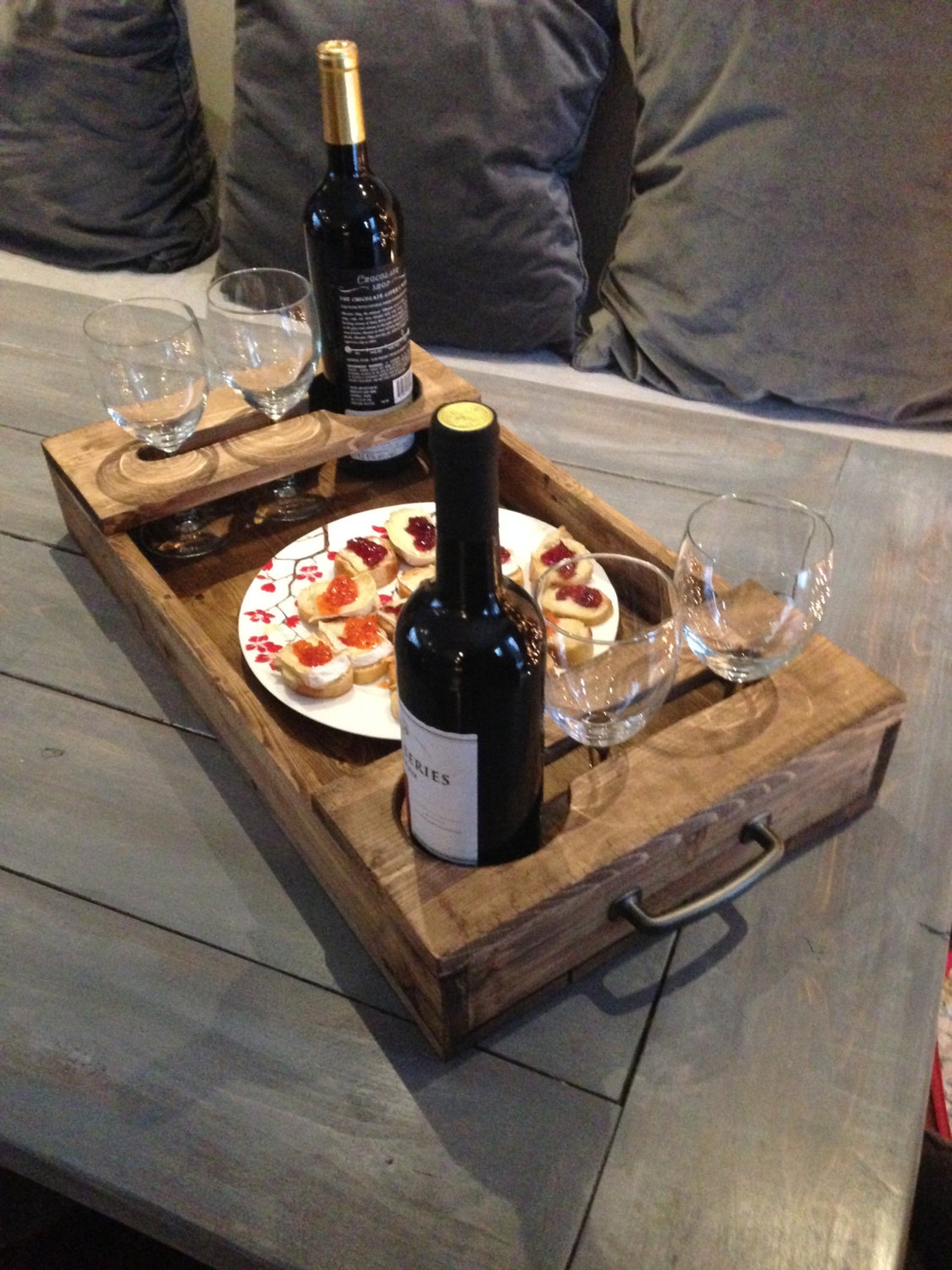 Rustic Serving Tray With Wine Glass and Bottle Holder | Etsy
