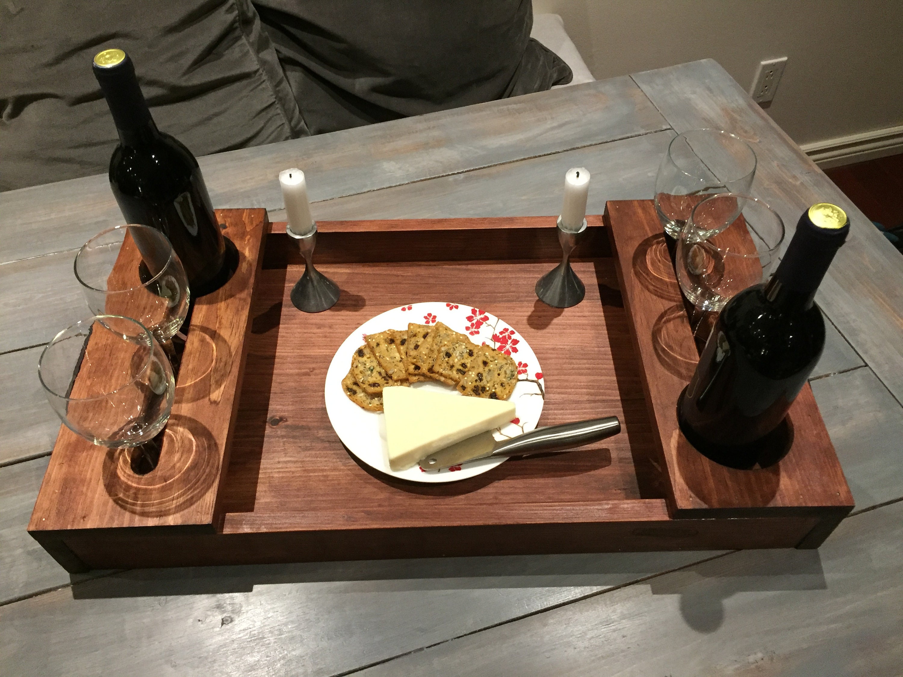 Rustic Serving Tray with Wine Glass and Bottle Holder | Etsy