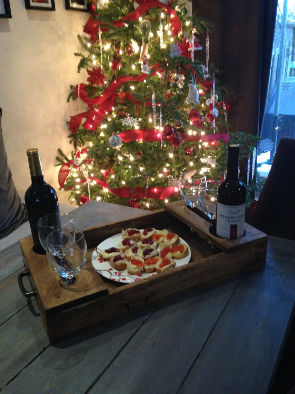 Rustic Serving Tray With Wine Glass and Bottle Holder - Etsy