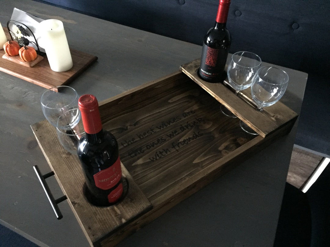 Rustic Serving Tray With Wine Glass and Bottle Holder - Etsy
