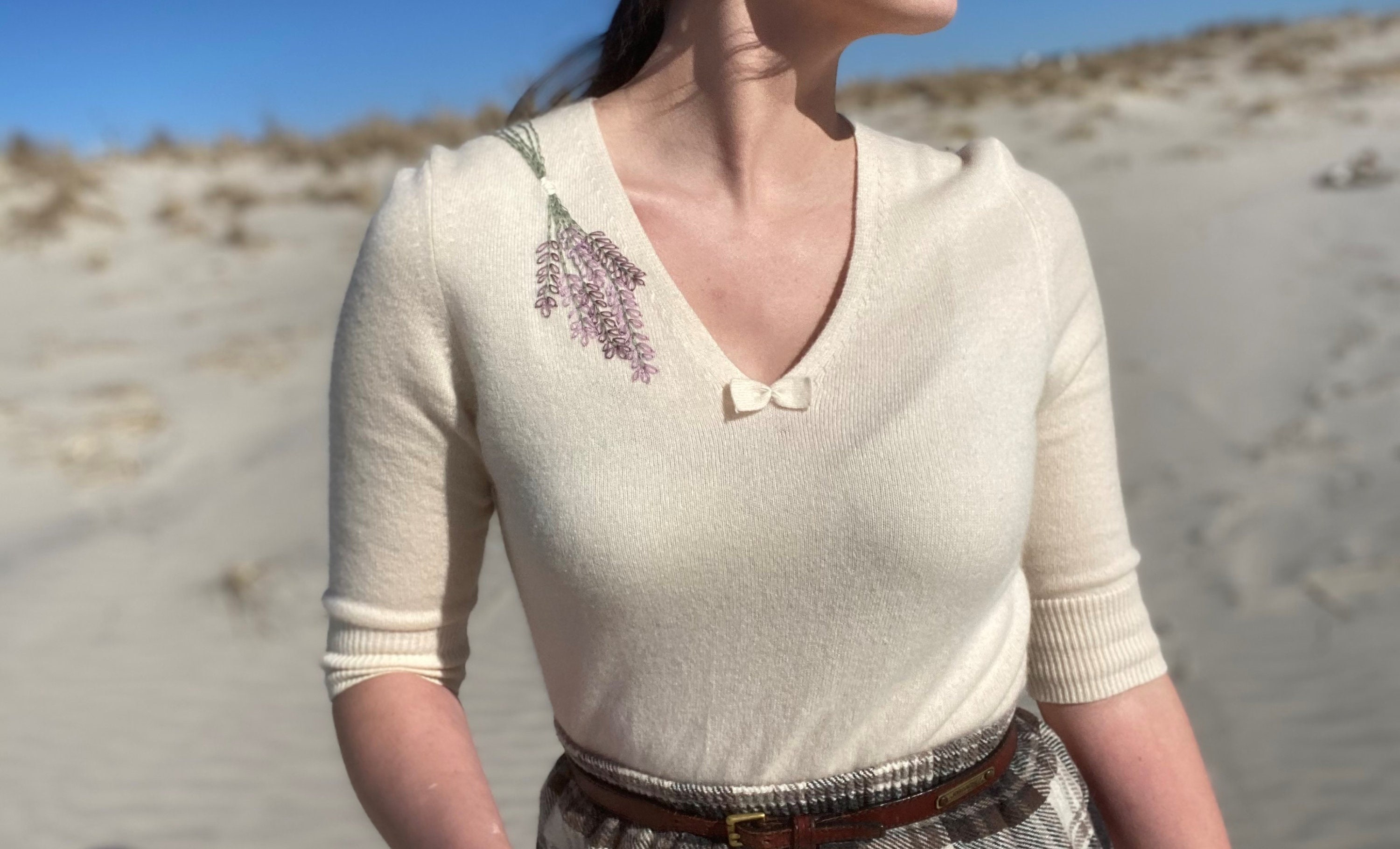 Cashmere Sweater Hand Embroidered Lavender Upcycled Anne Taylor ...