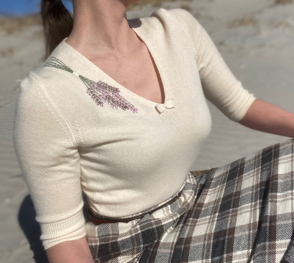 Cashmere Sweater Hand Embroidered Lavender Upcycled Anne Taylor ...
