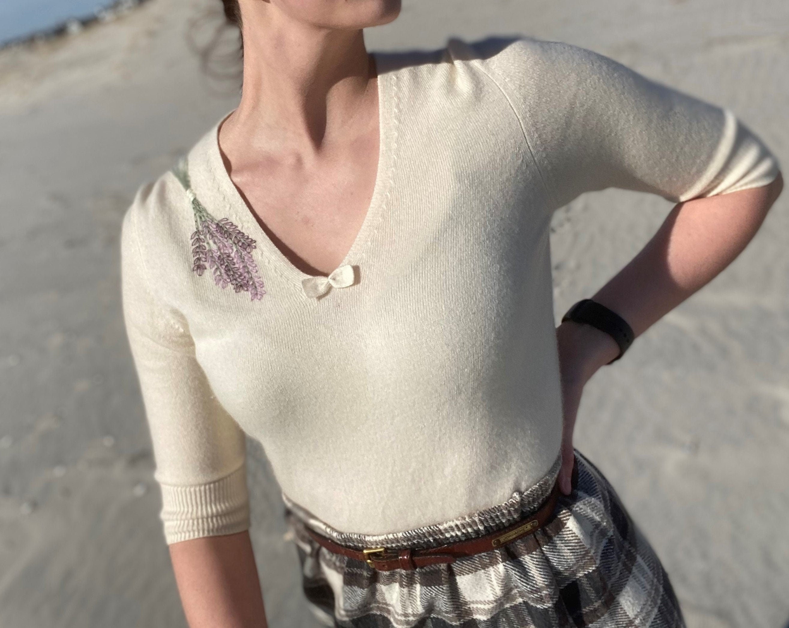Cashmere Sweater Hand Embroidered Lavender Upcycled Anne Taylor ...