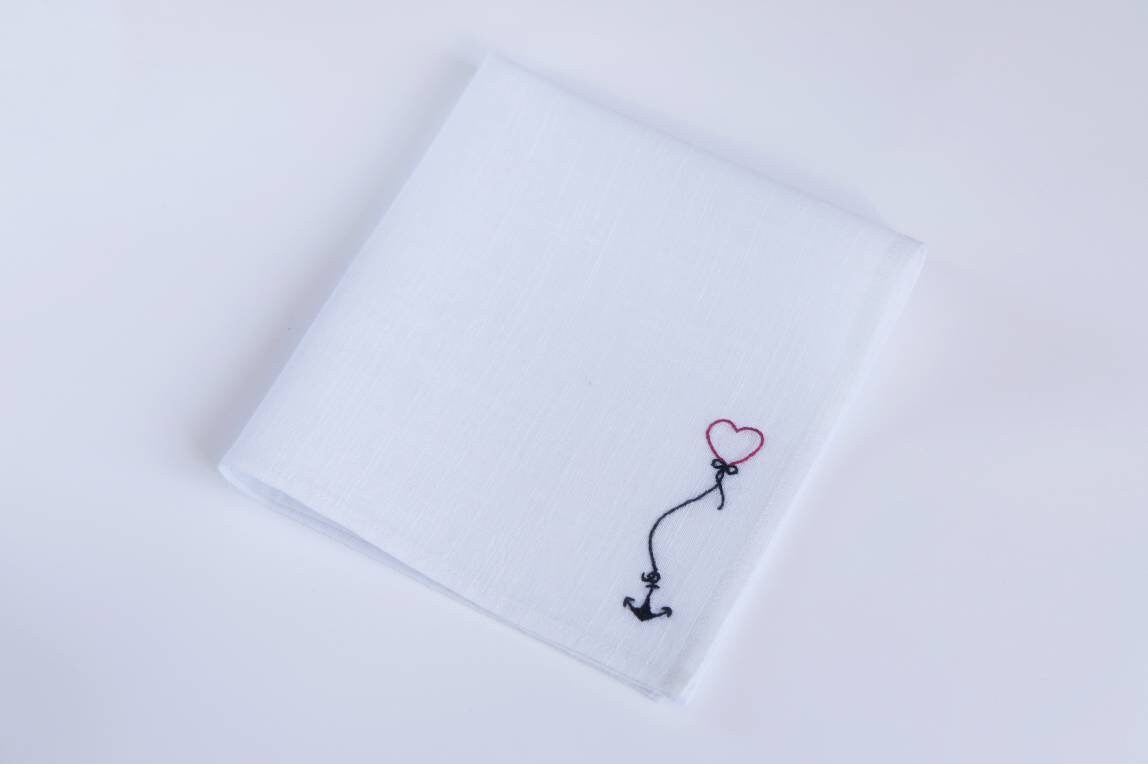 Red Heart Anchor, Wedding Handkerchief, Embroidered Handkerchief, Gift ...