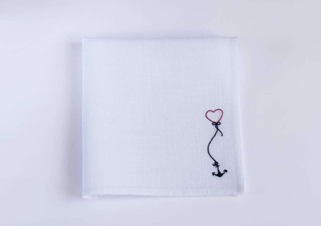 Red Heart Anchor, Wedding Handkerchief, Embroidered Handkerchief, Gift ...