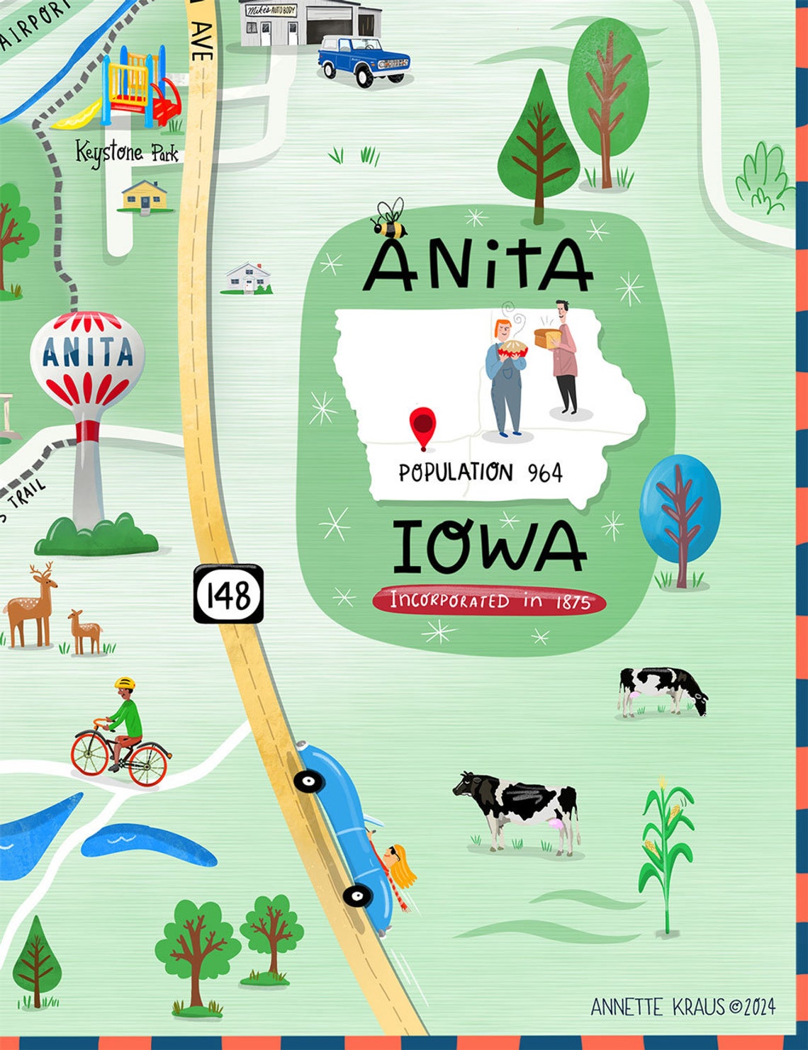 Illustrated Map of Anita, Iowa by Annette Kraus - Etsy