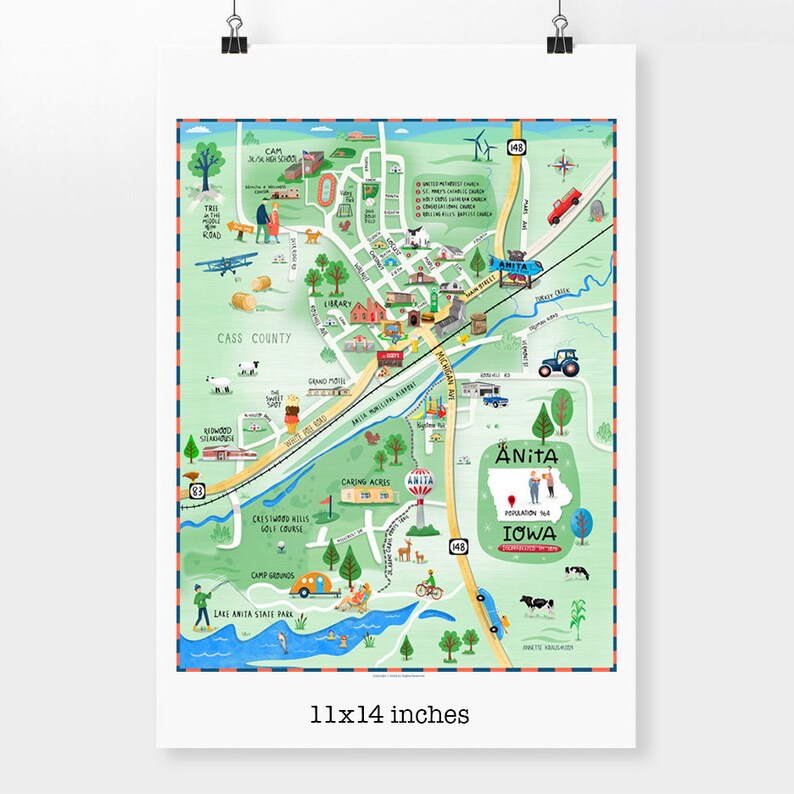Illustrated Map of Anita, Iowa by Annette Kraus - Etsy