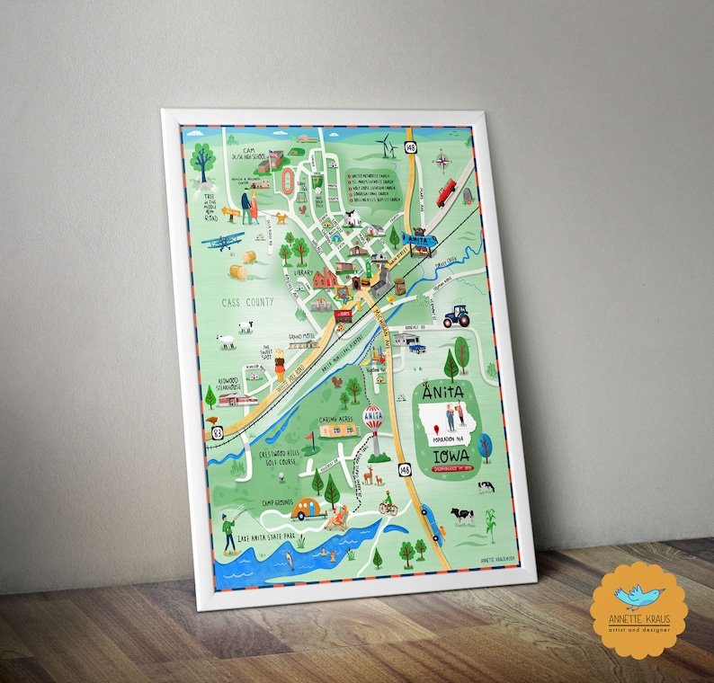 Illustrated Map of Anita, Iowa by Annette Kraus - Etsy