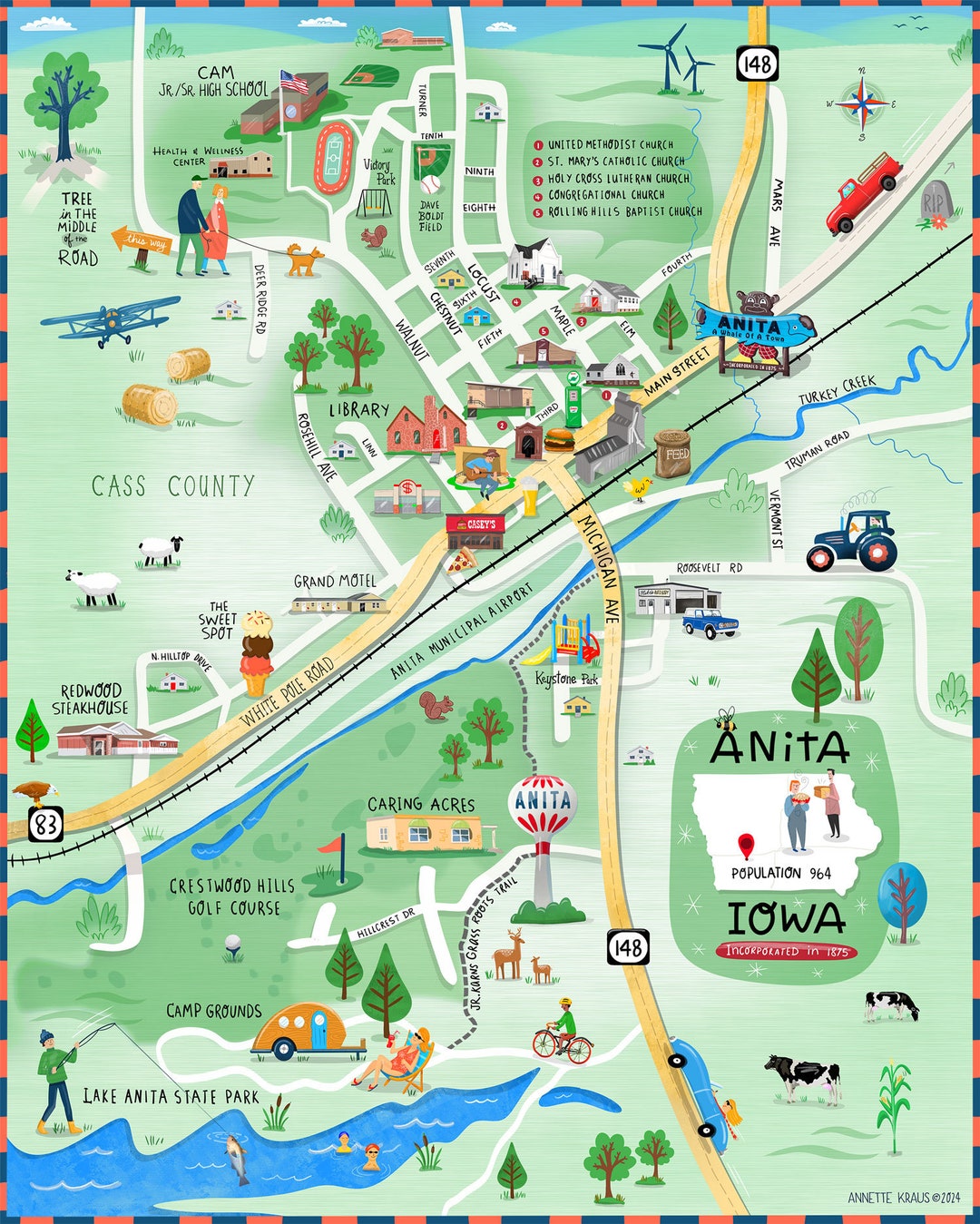 Illustrated Map of Anita, Iowa by Annette Kraus - Etsy