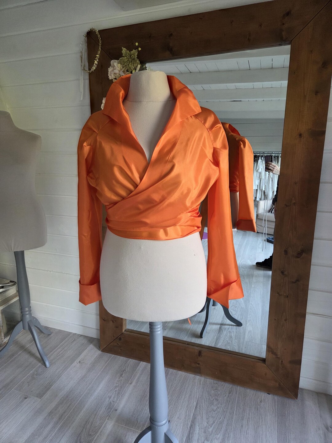 Elegant Draped Wrap Bolero in Orange Acetate Taffeta, Long Sleeves ...