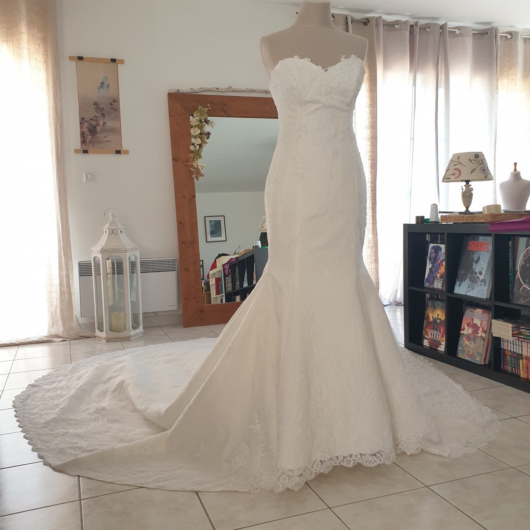 Cream Duchess Satin and White Embroidered Lace Mermaid Wedding Dress ...