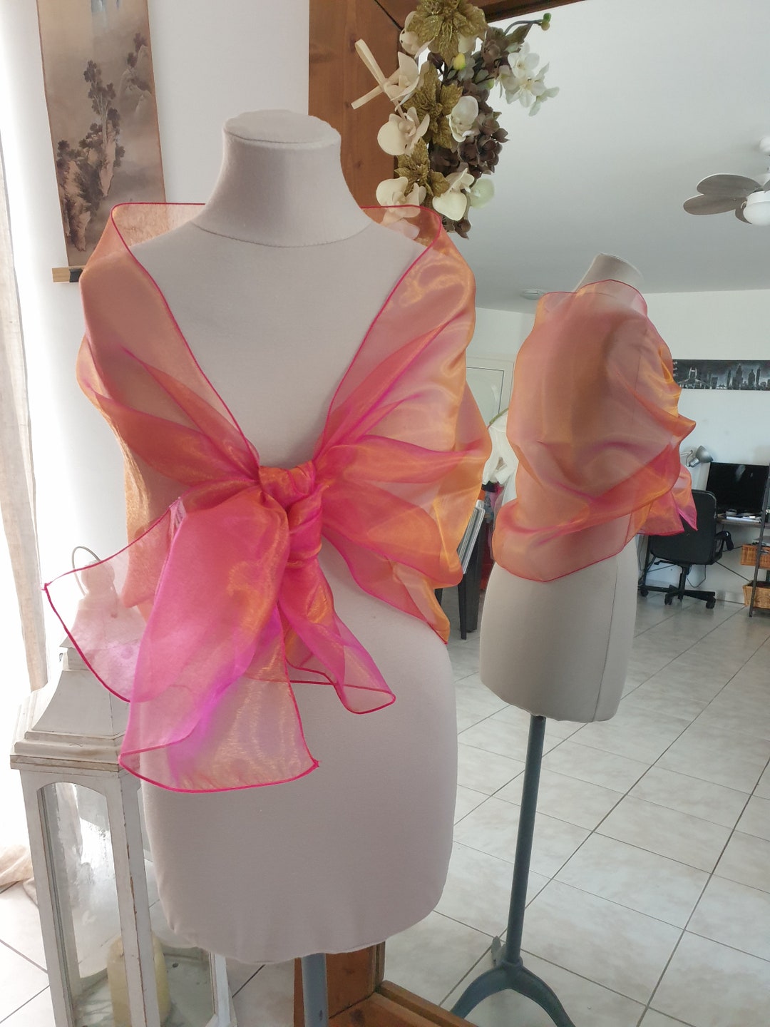 Large Bridal Stole in Organza Changing Polyester Pink Fuchsia Gold ...