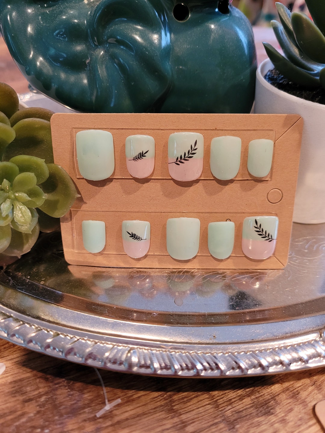 Sage Leafy Nails in Short Square, Stiletto, and Almond - Etsy