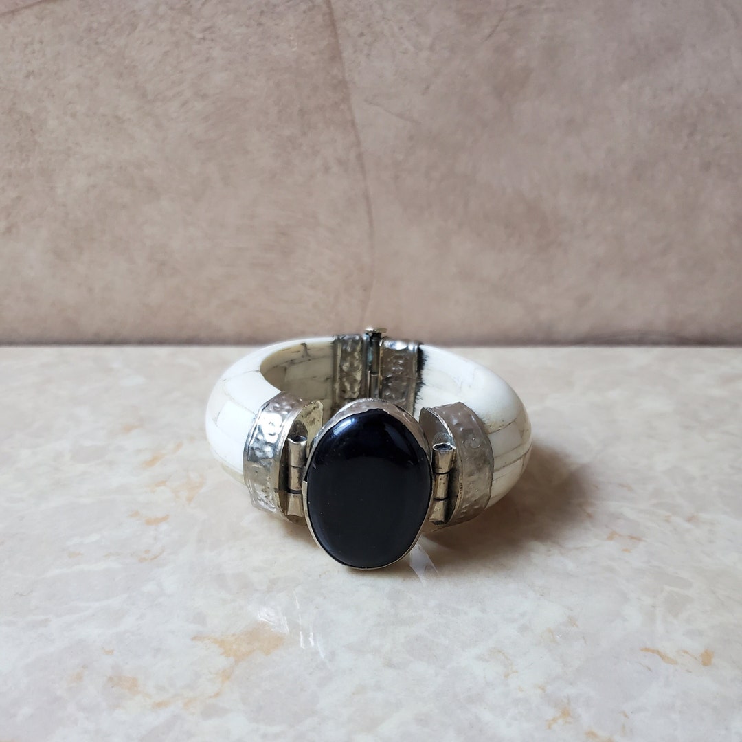 Vintage Hinged Bone Bangle With Polished Black Stone, Bone Metal ...
