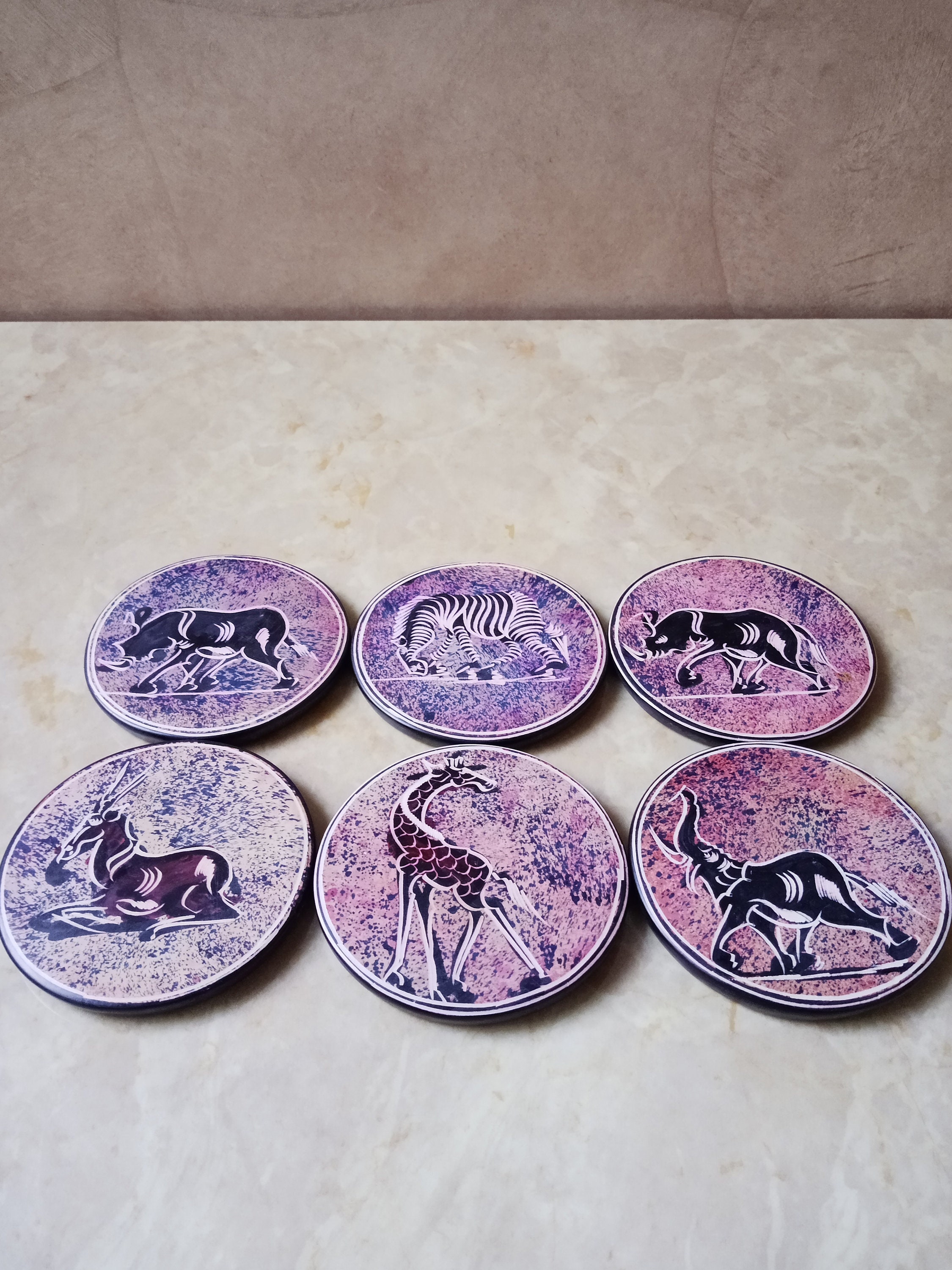 Hand Carved Stone African Safari Animal Coasters With Holder, 7 Piece ...