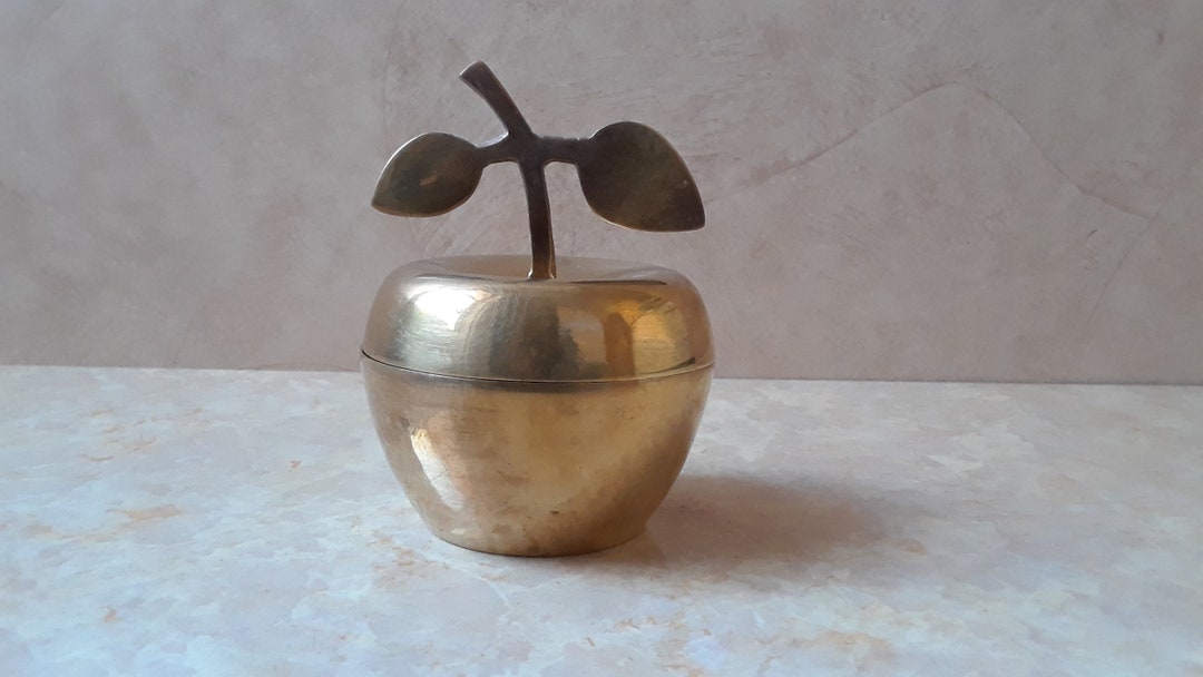 Vintage Solid Brass Apple Shaped Trinket Box With Lid, Carved Metal ...