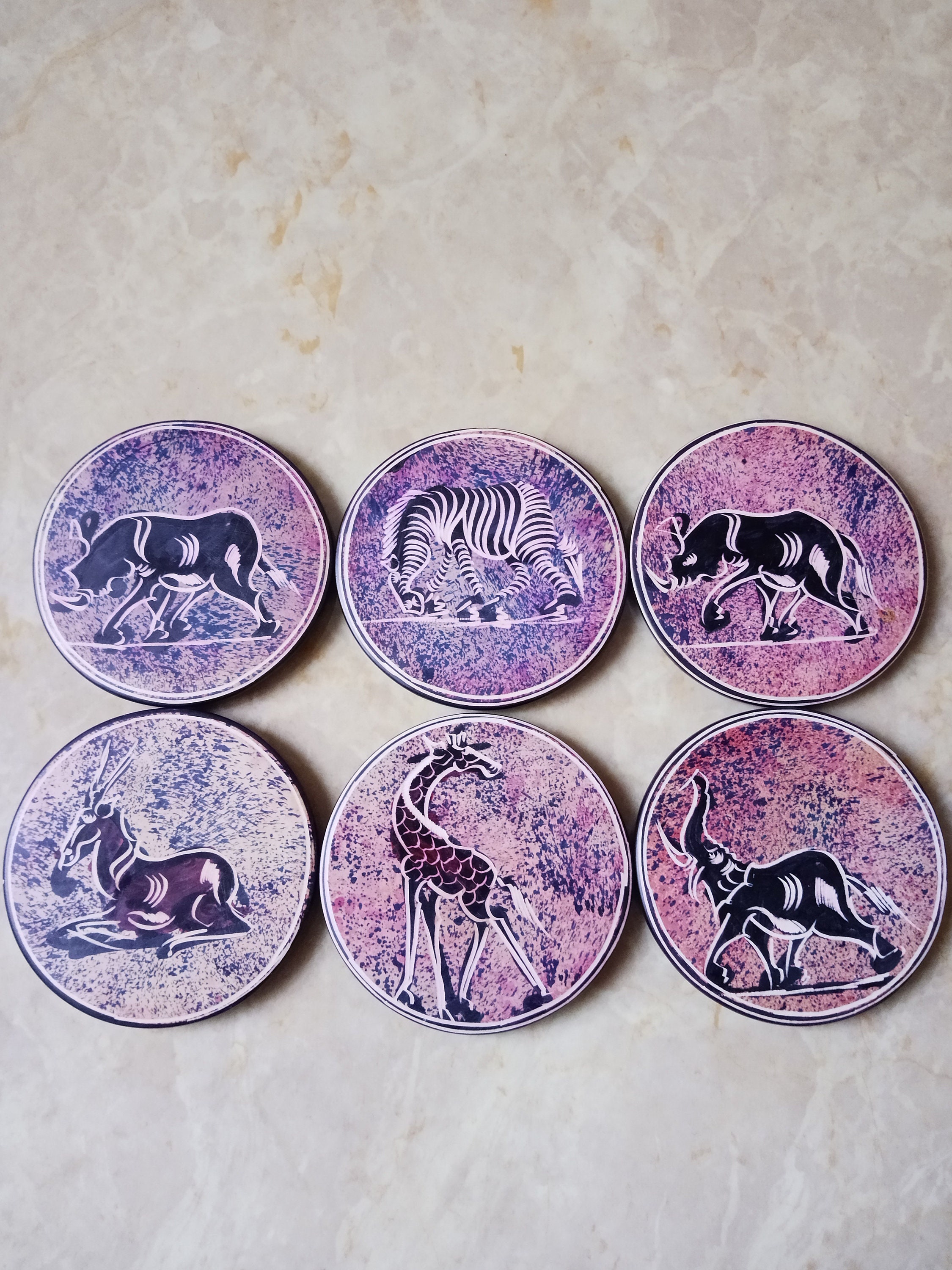 Hand Carved Stone African Safari Animal Coasters With Holder, 7 Piece ...