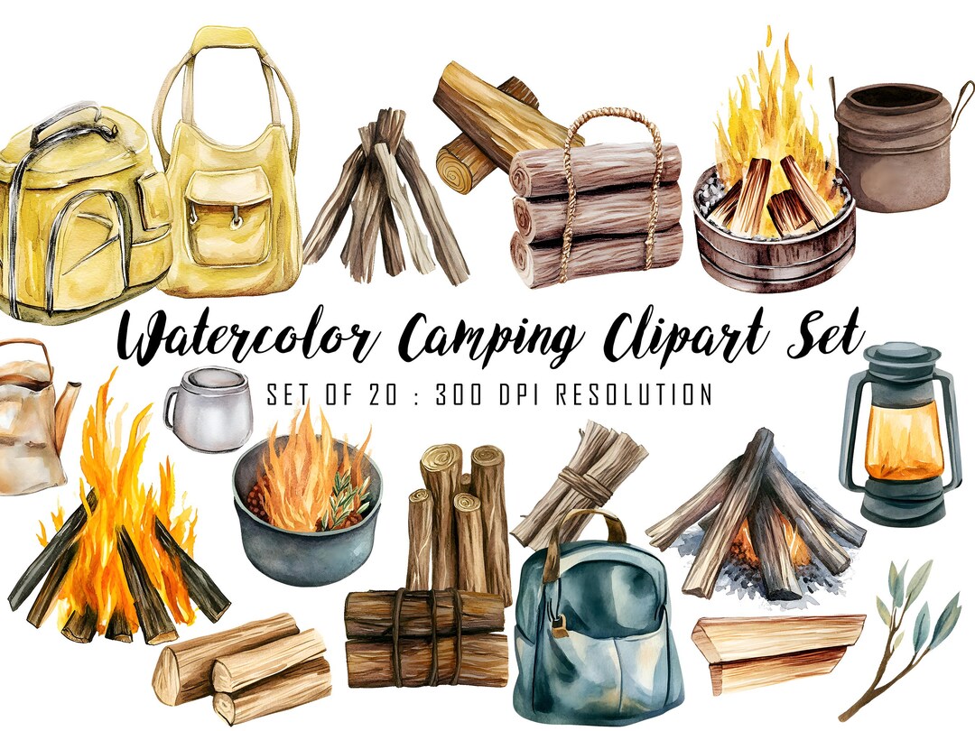 Watercolor Camping Clipart Set - 20 Pngs - Campfire, Tent, Nature ...
