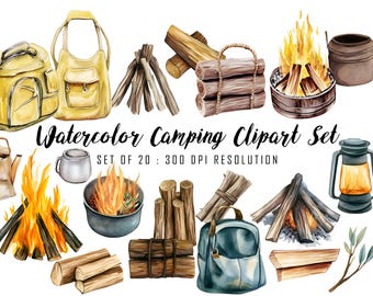 Watercolor Camping Clipart Set - 20 Pngs - Campfire, Tent, Nature ...