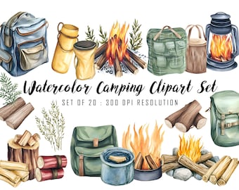 Watercolor Camping Clipart Set - 20 Pngs - Campfire, Tent, Nature ...