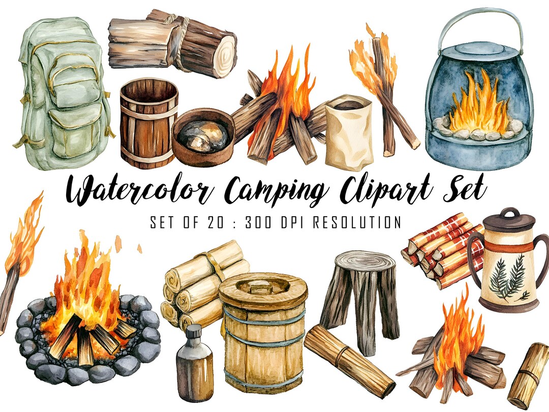 Watercolor Camping Clipart Set - 20 Pngs - Campfire, Tent, Nature ...