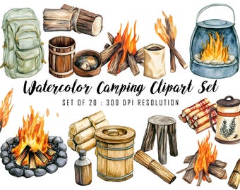 Watercolor Camping Clipart Set - 20 Pngs - Campfire, Tent, Nature ...