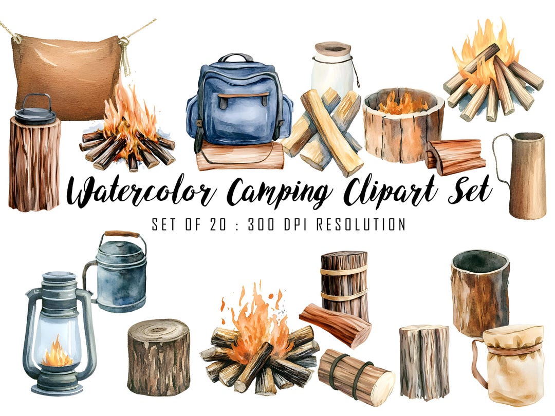 Watercolor Camping Clipart Set - 20 Pngs - Campfire, Tent, Nature ...