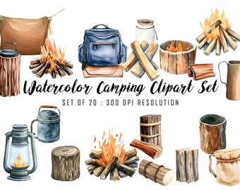 Watercolor Camping Clipart Set - 20 Pngs - Campfire, Tent, Nature ...