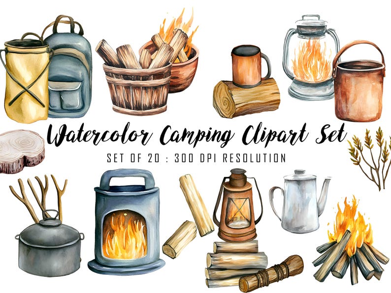 Watercolor Camping Clipart Set - 20 Pngs - Campfire, Tent, Nature ...