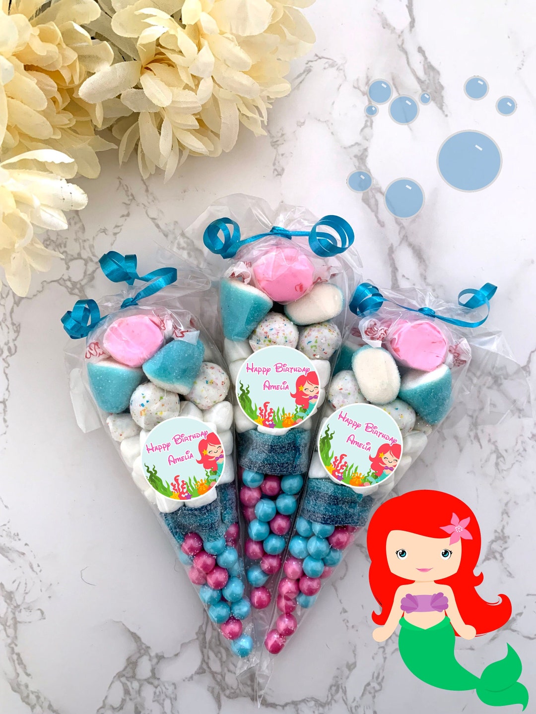 Set of 5 Personalized Mermaid Theme Candy Cones, Custom Label, Kids ...