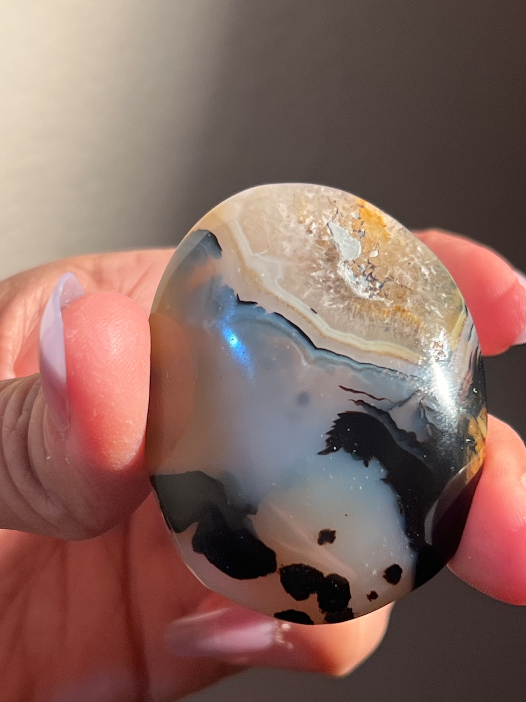 Dendritic Agate Palm Stone, Milky Blue Dendrite, Dendritic Agate ...