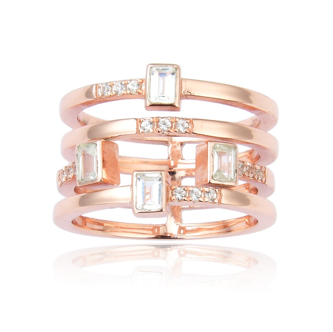 Multilayer Ring Criss Cross Spiral Ring Natural White Topaz Baguette ...
