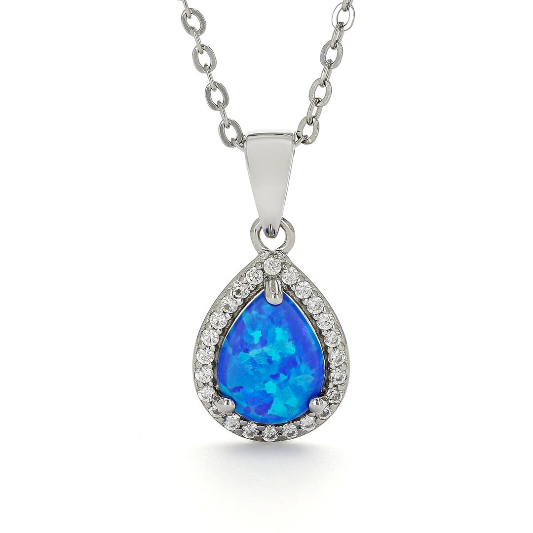 Blue Teardrop Pendant Necklace for Women Lab Grown Blue Opal Silver ...
