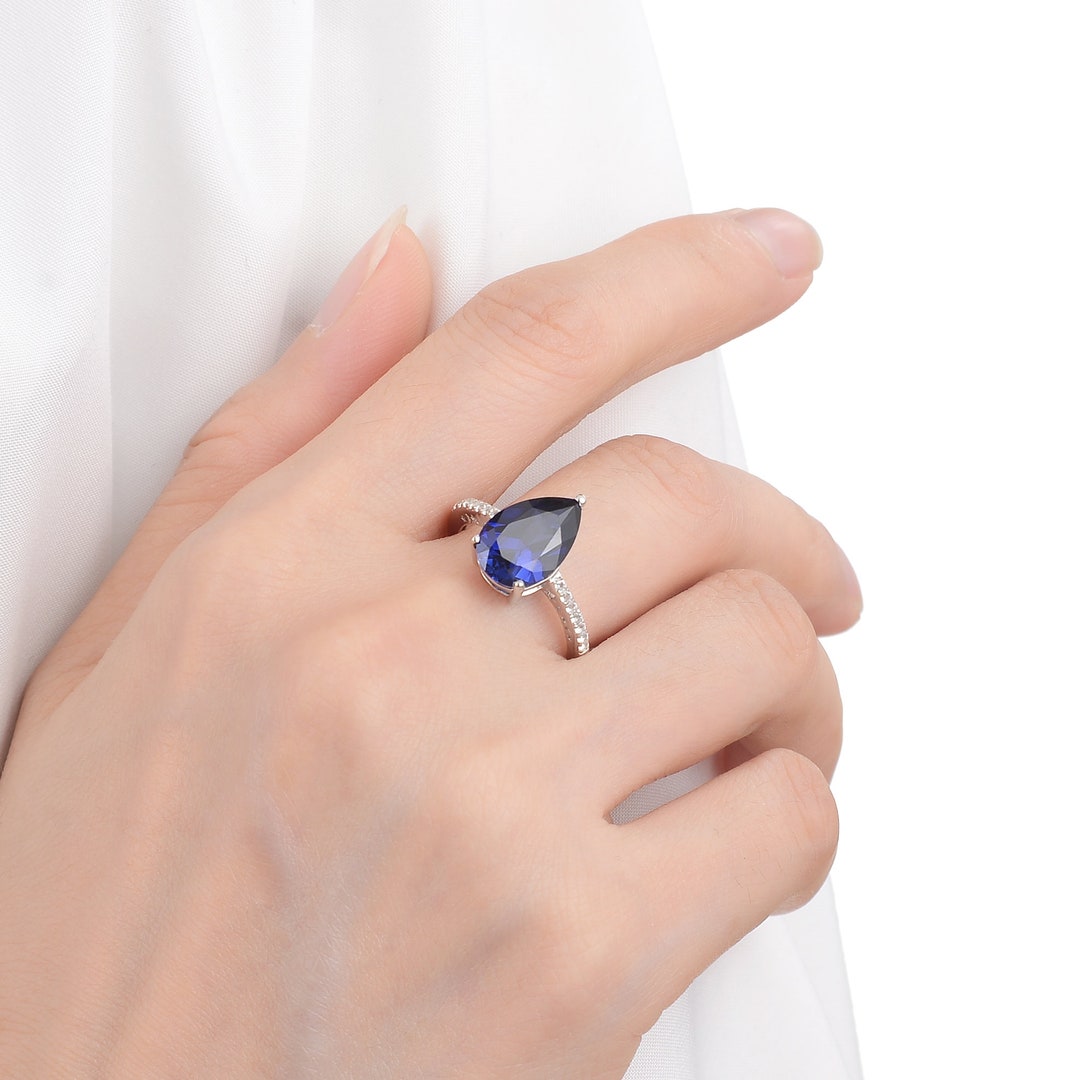 Created Blue Sapphire Teardrop Ring Blue Cocktail Ring for Party Blue ...