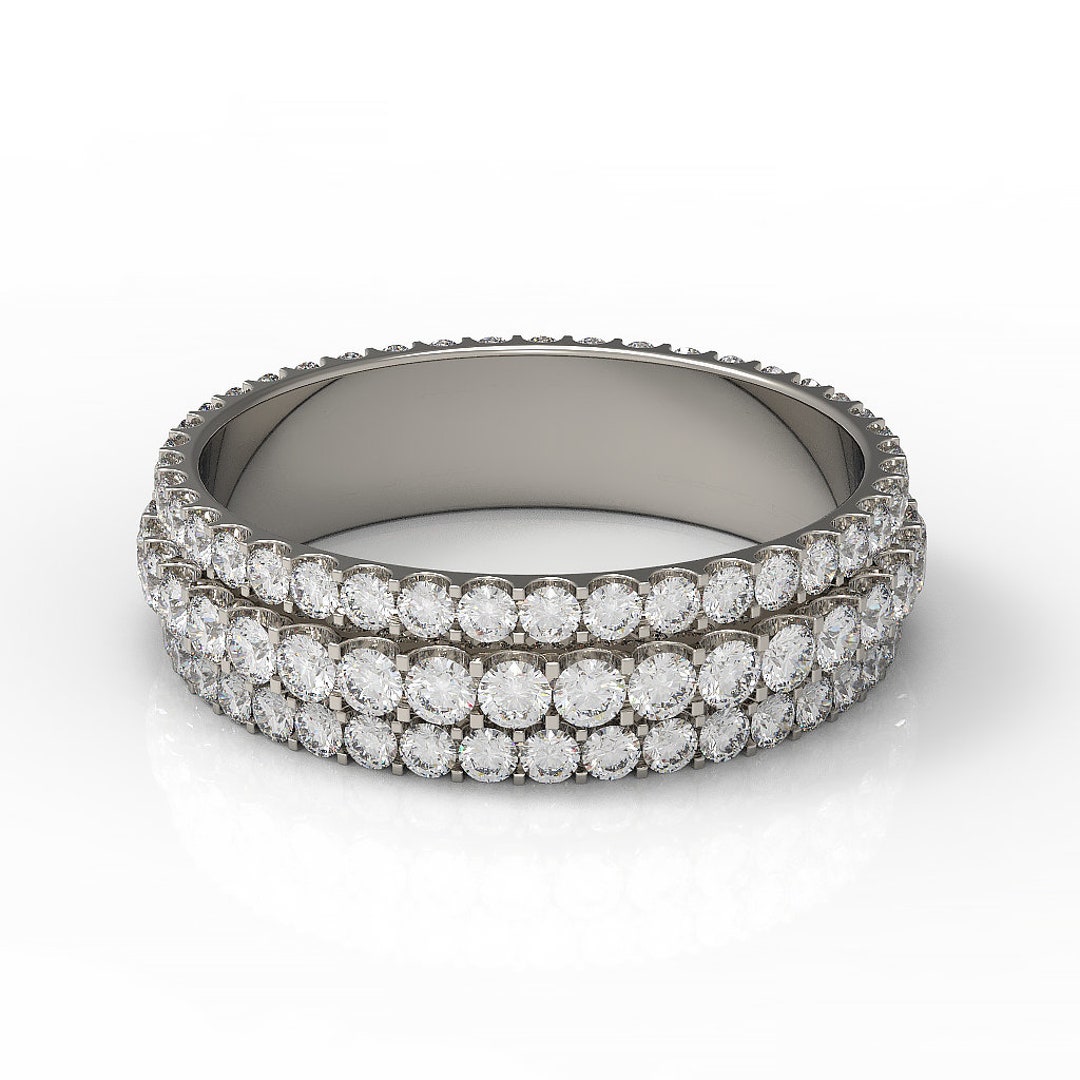 Sparkling Three Row Diamond Wedding Ring 14k Gold and Shared Prong Set ...