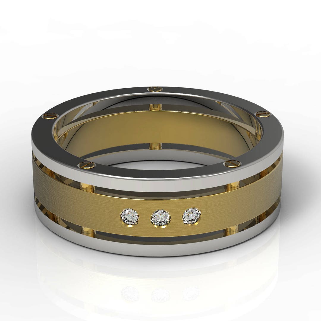 Attractive 14 K Gold Triple Band Wedding Ring With Screw Design Two ...