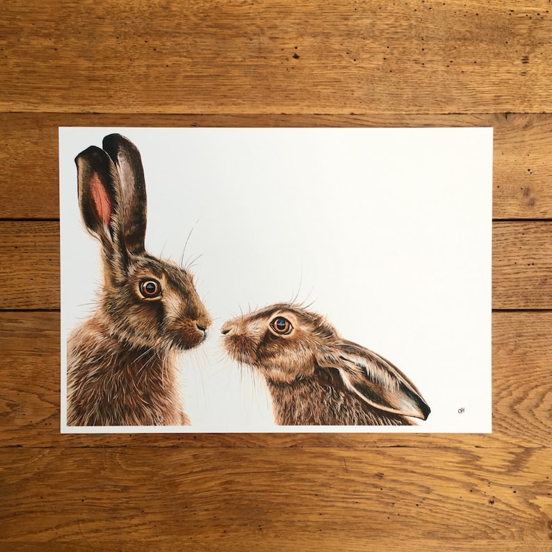 Kissing Hares Print A3 Unmounted Print Hare Print Hare Painting Hare ...