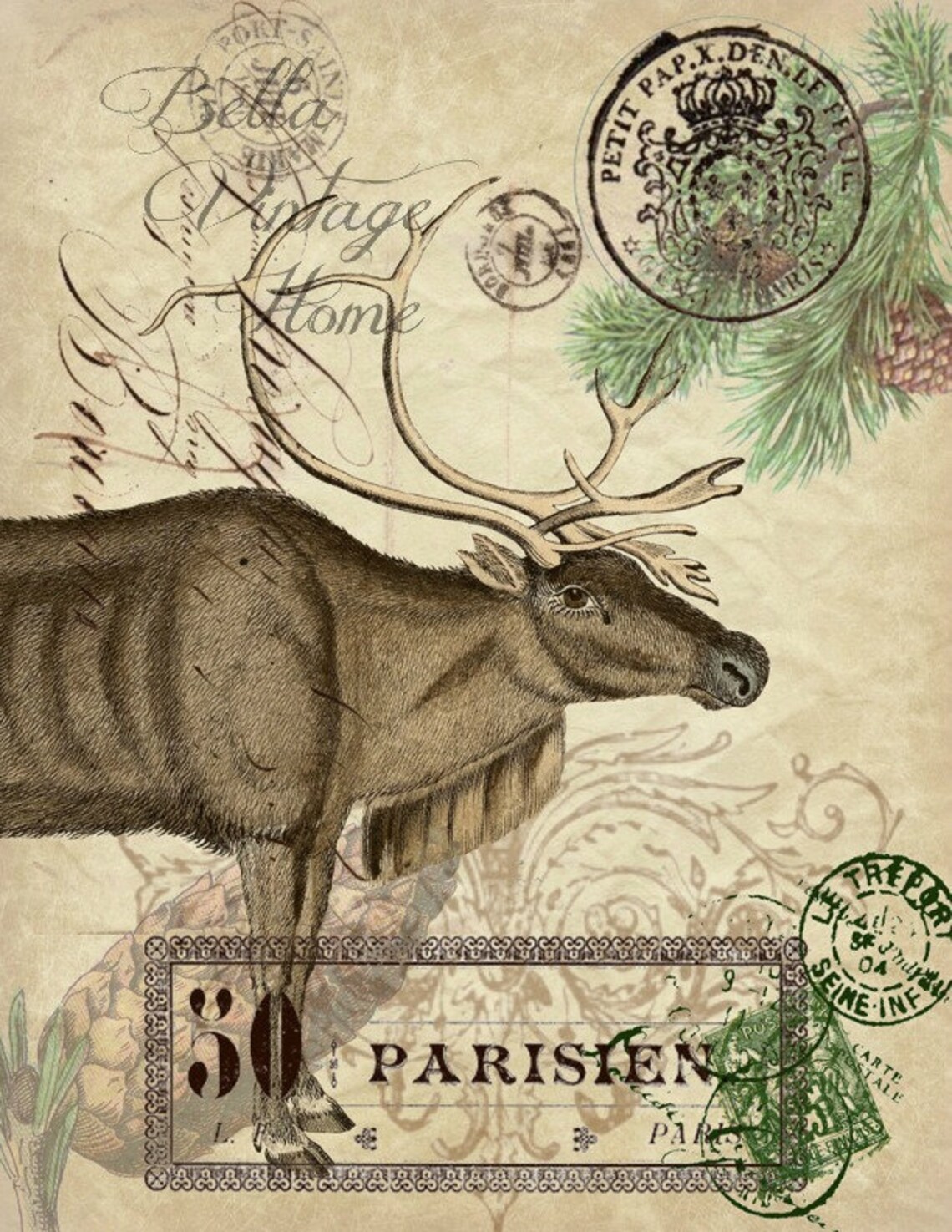 Vintage Art Print-christmas Caribou Print - Etsy