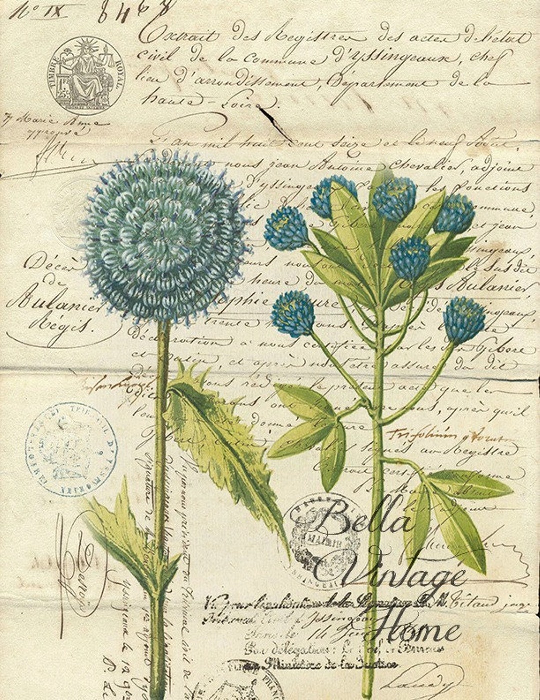 Vintage Art Print- Floral Double Blue - Etsy