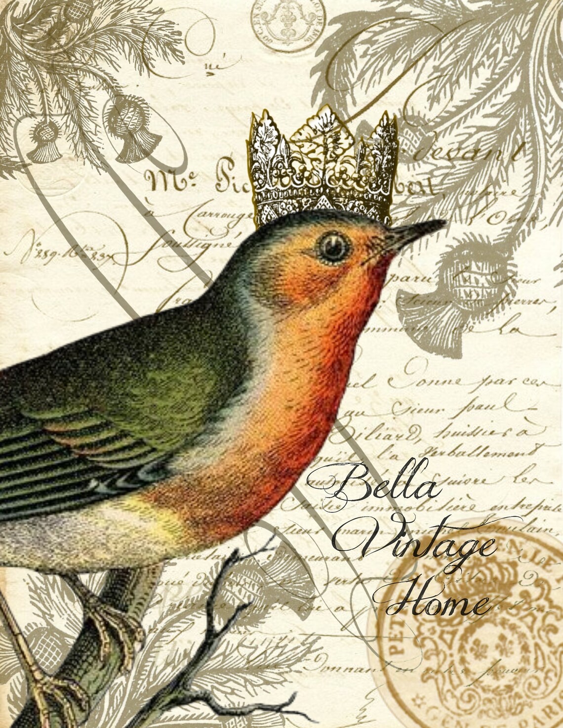 Vintage Art Print-bird-robin With Crown - Etsy